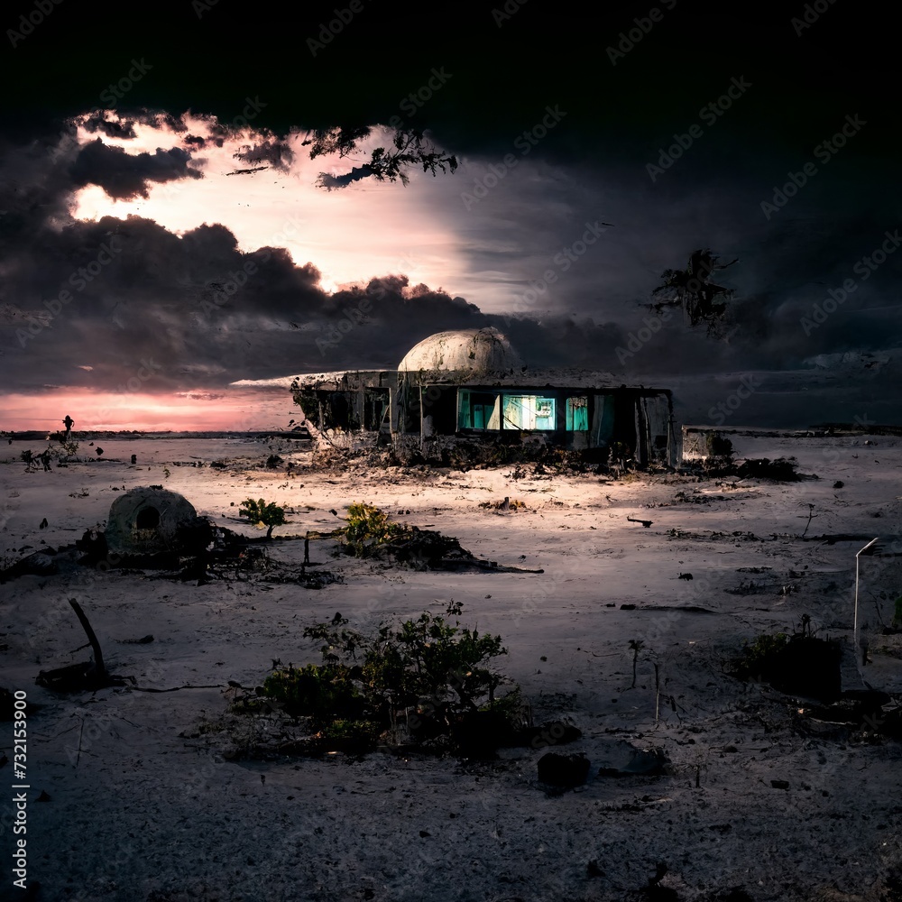 Outdoor color illustration of a 1960s-era science fiction movie set ...