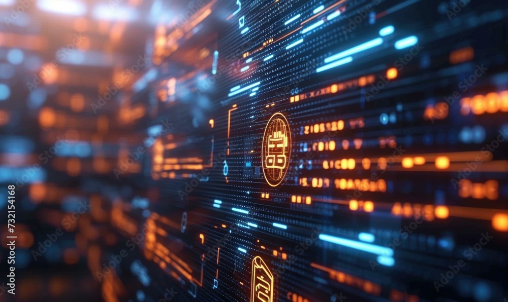 A futuristic computer screen displaying complex algorithms and code ... A futuristic computer screen displaying complex algorithms and code ...
