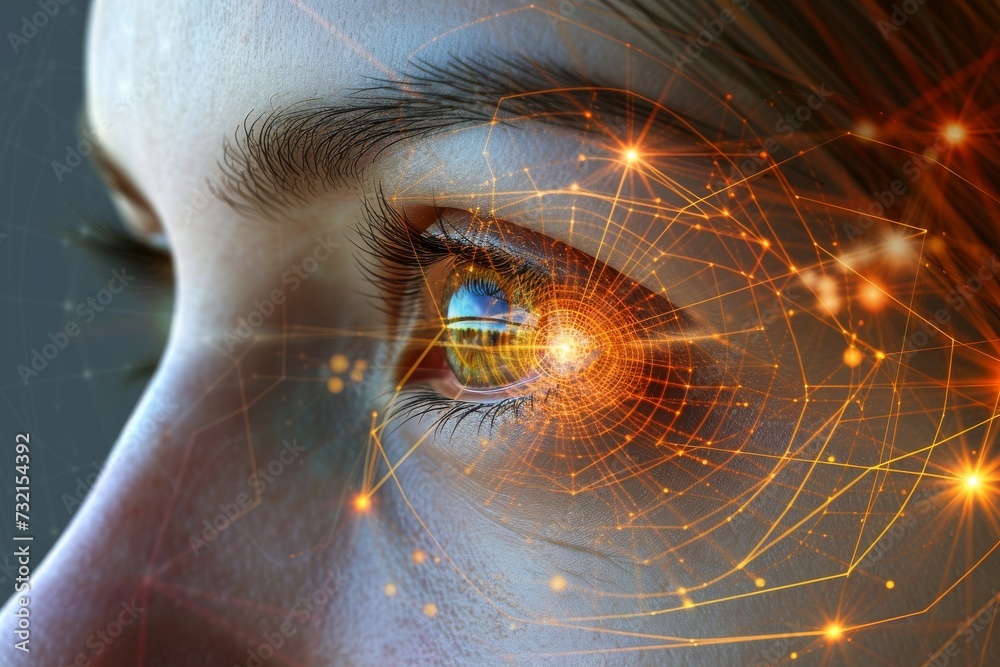 Human Cyborg AI Eye lens dislocation. Eye visionary thinking optic ...