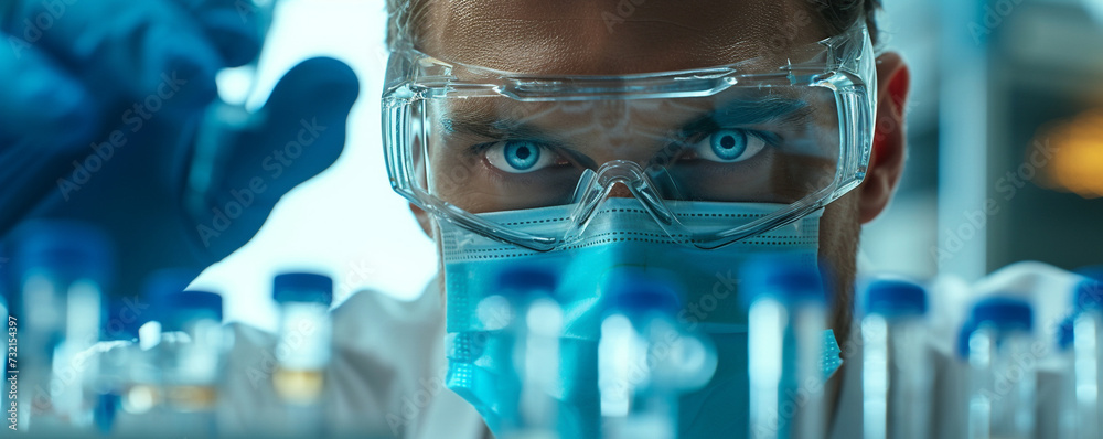 Detailed view of a scientist wearing protective goggles and face mask ...