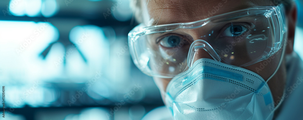 Detailed view of a scientist wearing protective goggles and face mask ...