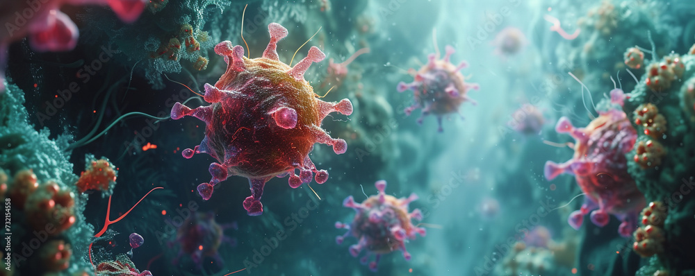 detailed visualization of a virus attaching to a human cell, initiating ...