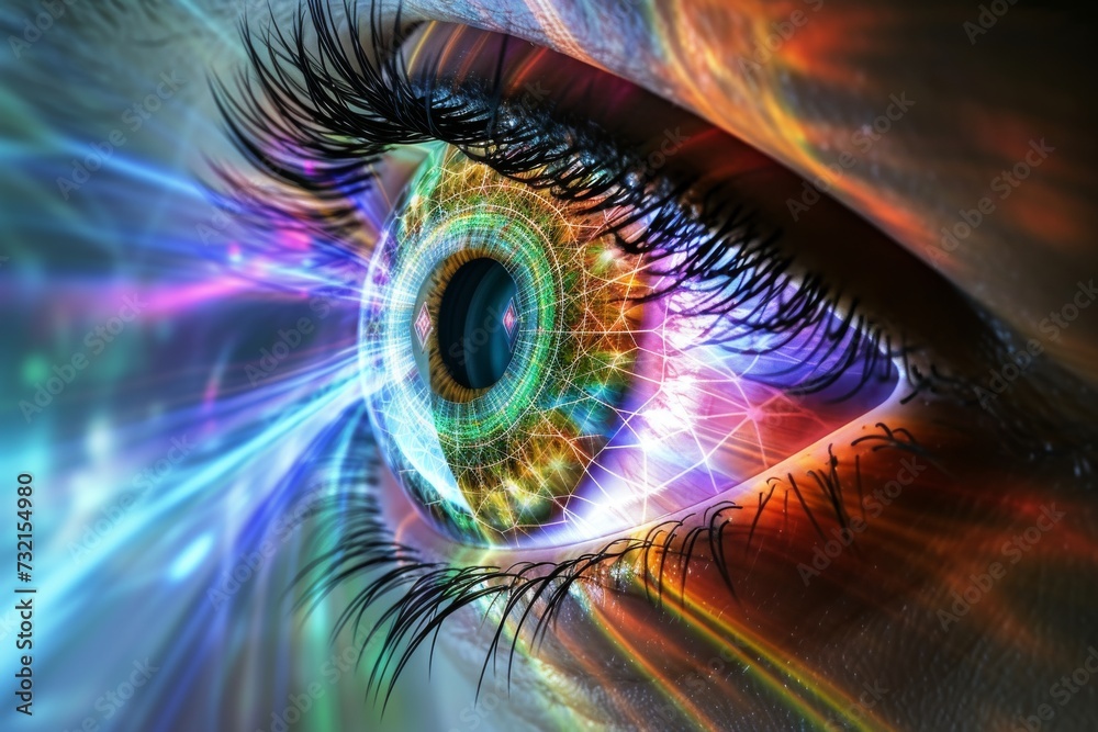 Human Cyborg AI Eye papilledema. Eye color vision glasses optic nerve ...