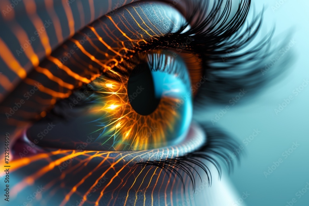 Human Cyborg AI Eye visualization. Eye lashes optic nerve lens amber ...