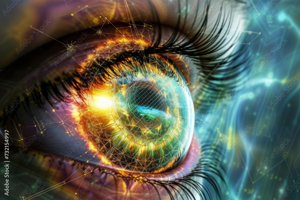 Human Cyborg AI Eye nyctalopia. Eye design element optic nerve lens rod ...