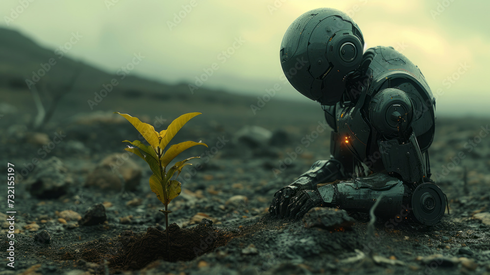 Robot acts like a human trying to plant trees There is only one tree ...
