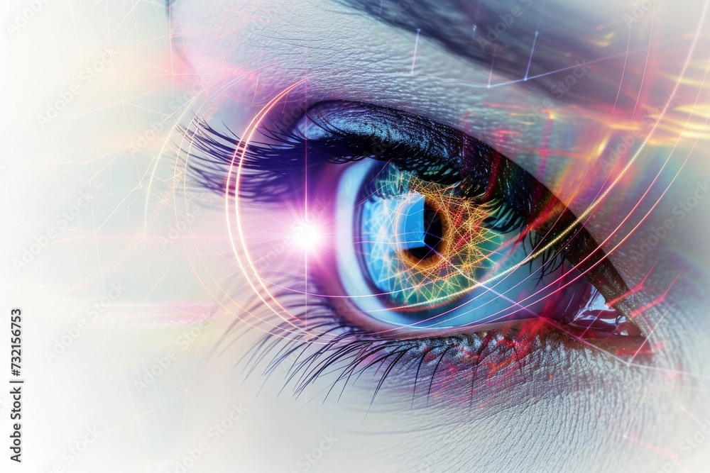 Human Cyborg AI Eye visionary insights. Eye light optic nerve lens ...