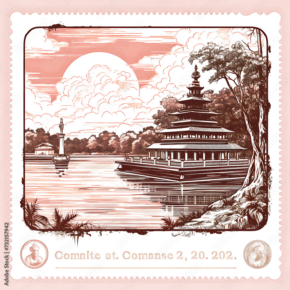 Stamp of Colombo City With Monochrome Coral Color Gangaramaya Temple ...