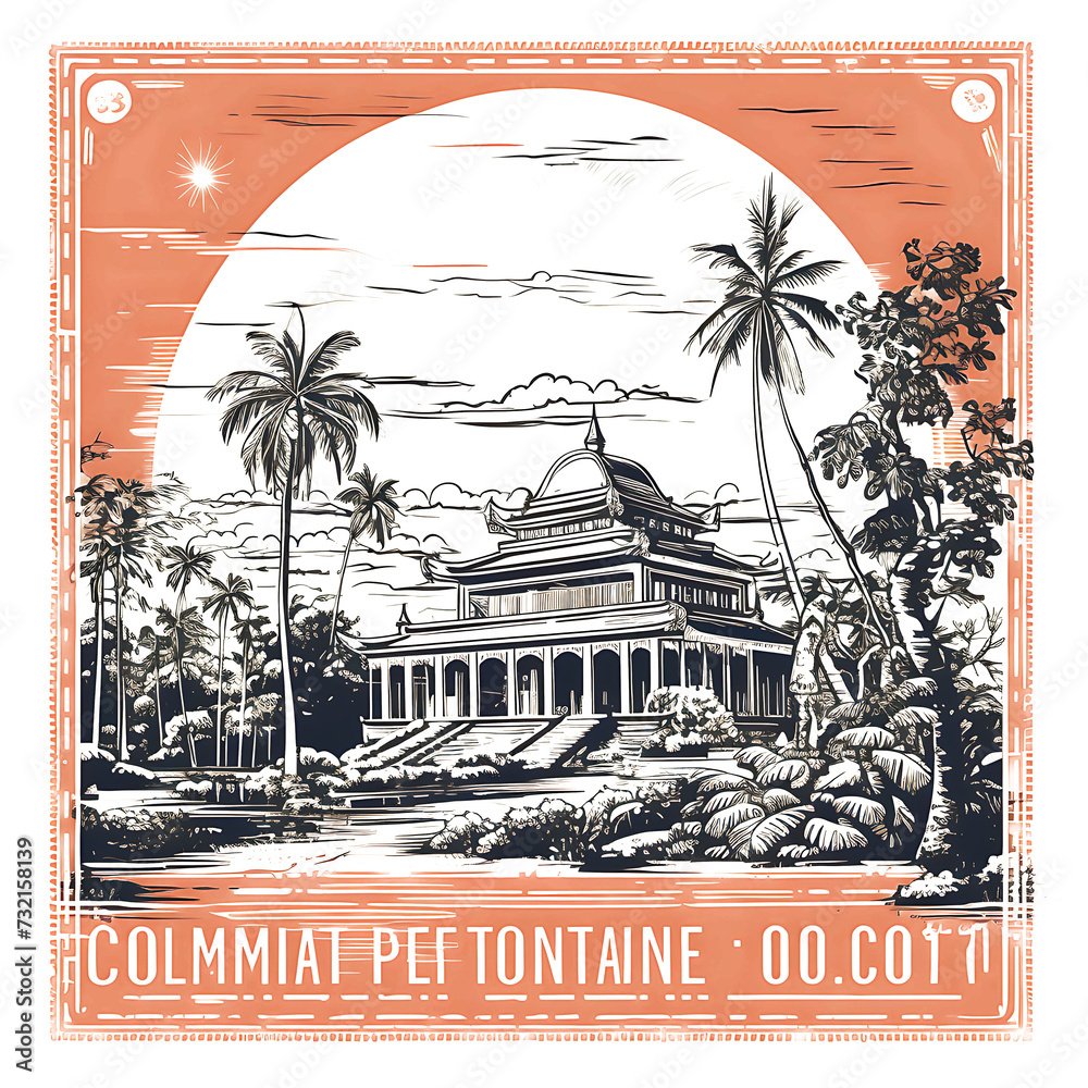 Stamp of Colombo City With Monochrome Coral Color Gangaramaya Temple ...