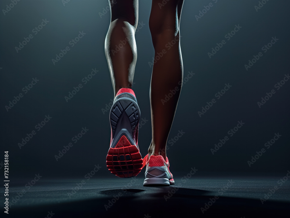 Sneaker-clad female legs with sculpted muscles stand out against a dark ...