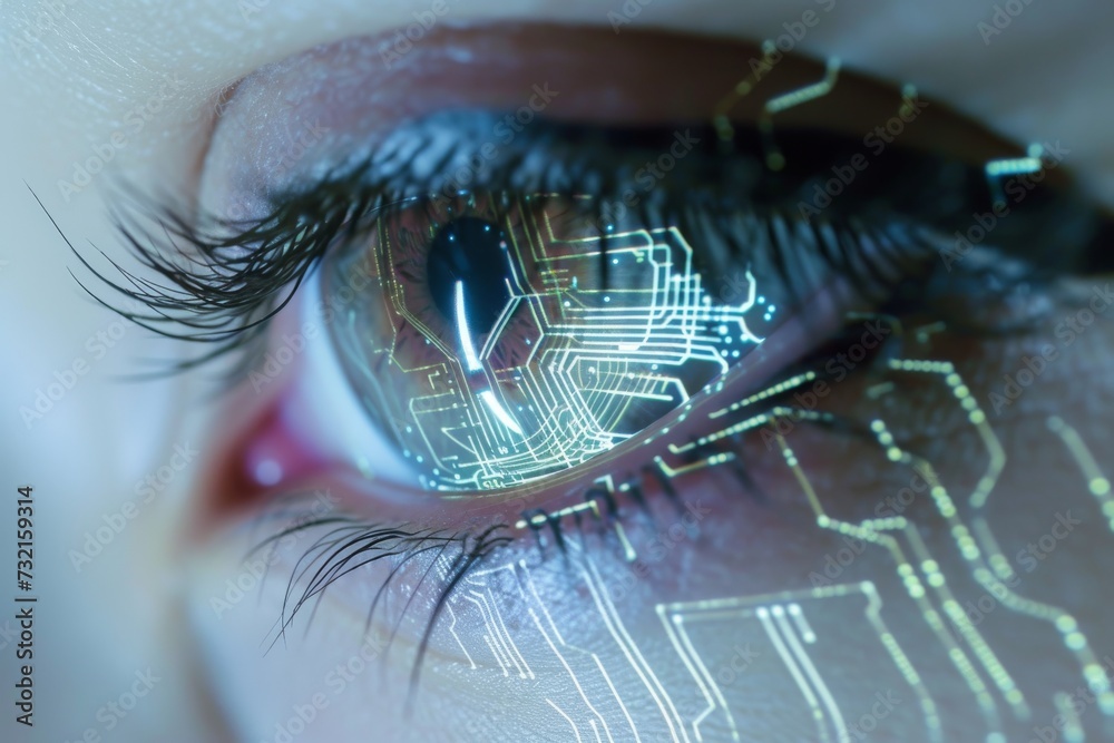 Human Cyborg AI Eye extended depth of focus lens. Eye looking optic ...