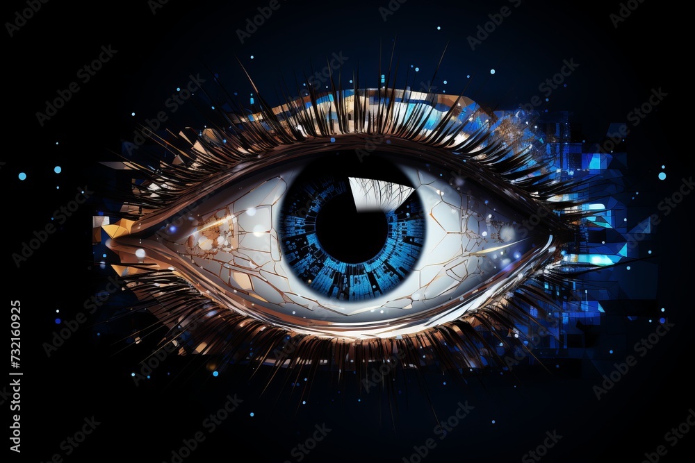 Human Cyborg AI Eye closeup. Eye brown optic nerve lens glow color ...