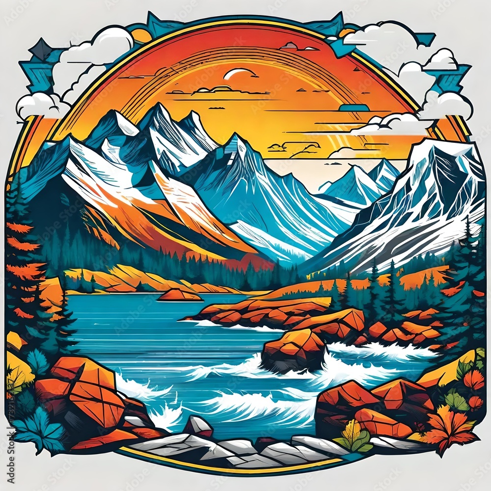 vector style drawing of the Canadian Rockies mountains landscape in the ...
