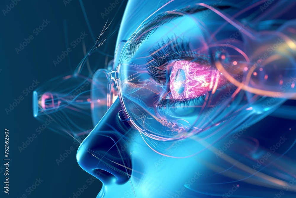Human Cyborg AI Eye view. Eye ophthalmic nerve optic nerve lens optic ...