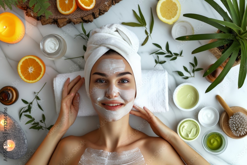 Skincare Model skin firming. Beautiful Woman uses face cream, laser ...