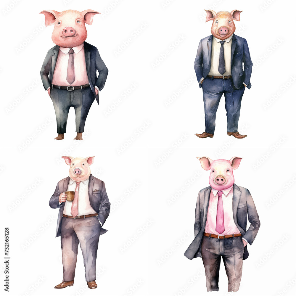 Charming Watercolor Set of Professional Pigs in Business Attire ...