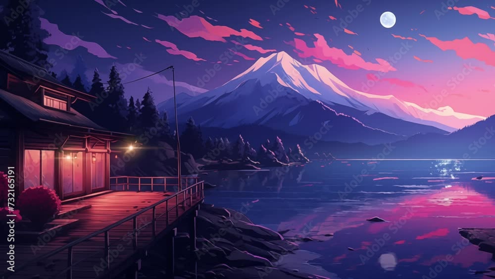 Animated illustration of a calm lake with mountain views at night ...