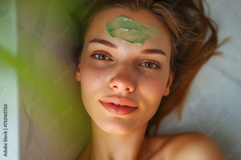 Skincare Model catalog model. Beautiful Woman uses face cream, foam ...