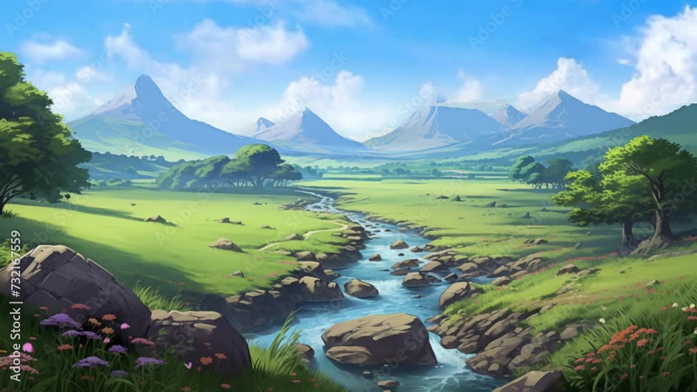 Animated illustration of a natural river with beautiful mountain views ...