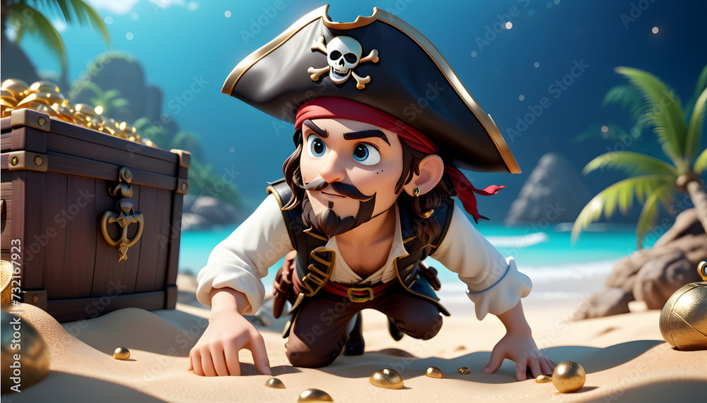 Cartoon-style 3D character in pirate style, searching for treasure on a ...