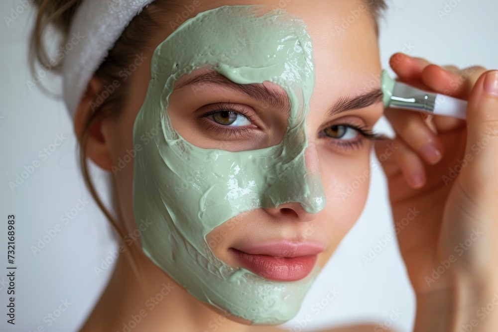 Skincare Model skin pore refining mask. Beautiful Woman uses face cream ...