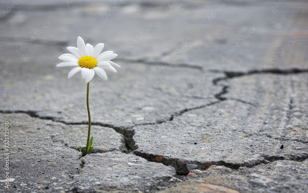 single flower growing through cracks in concrete, representing hope and ...