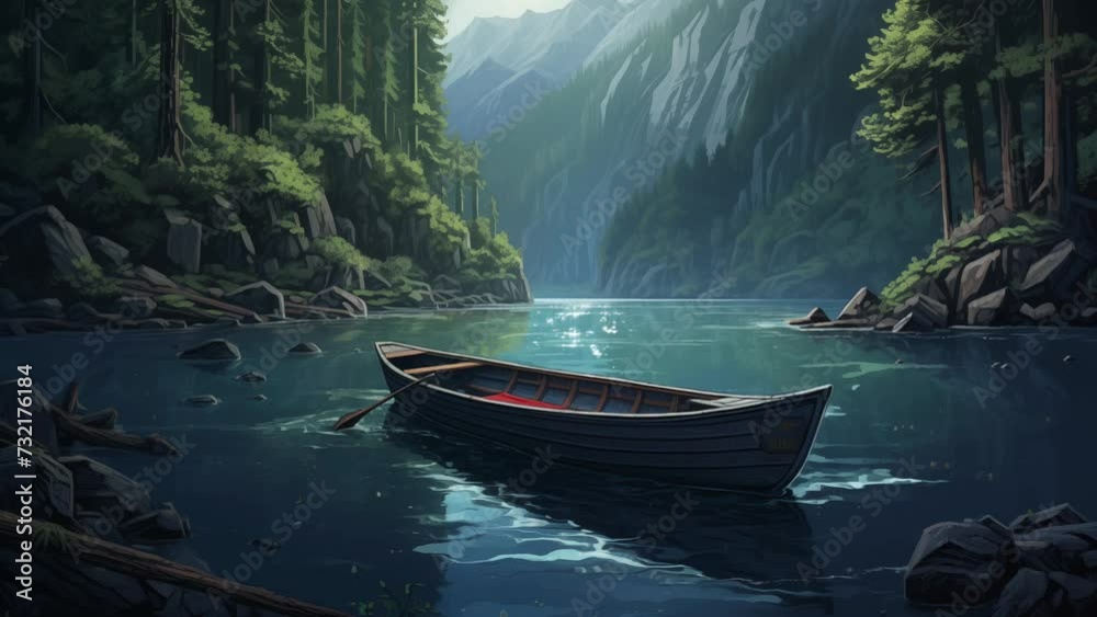 Animated illustration of a small lake in the middle of the forest with ...