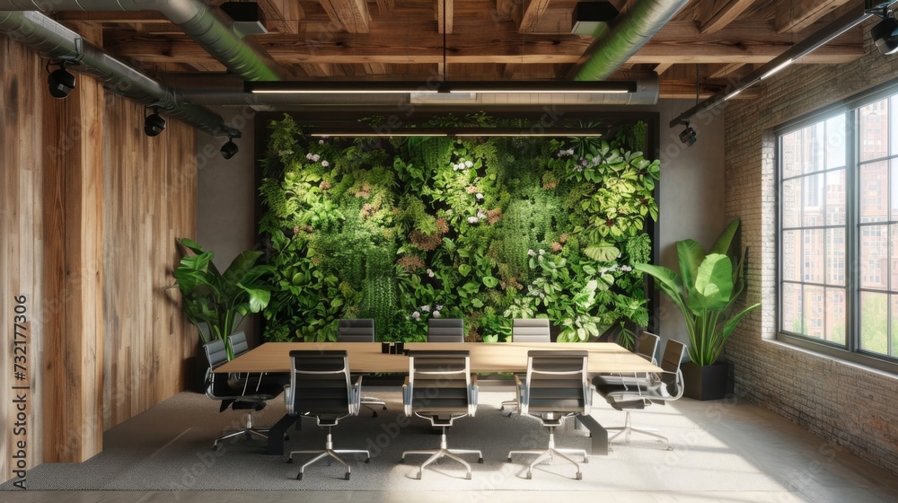 A modern and inviting conference room featuring a large living plant ...