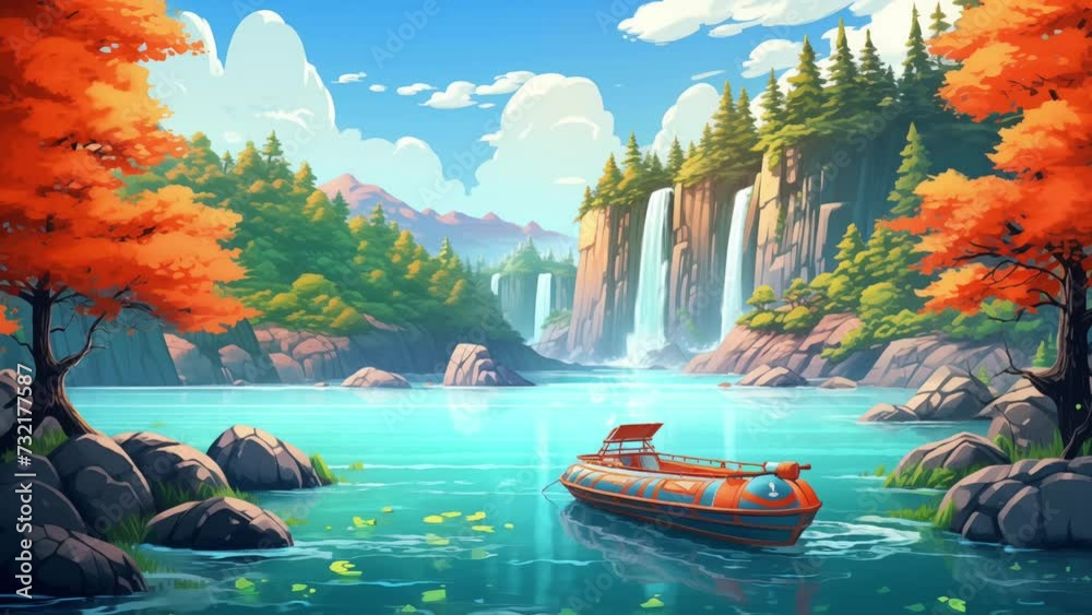 Animated illustration of a small lake in the middle of the forest with ...