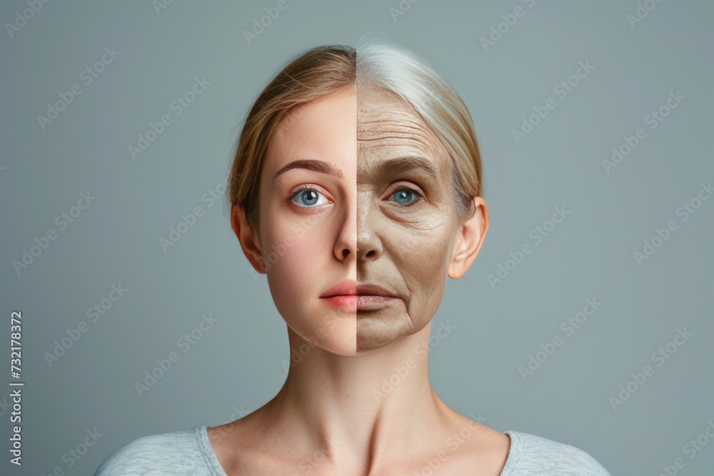 Aging hair color change. Comparison young to old woman competent. Less ...