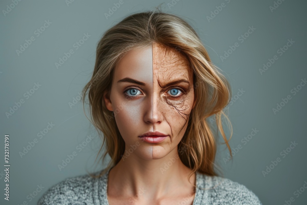 Aging recharge. Comparison young to old woman nose. Less Wrinkles, acne ...