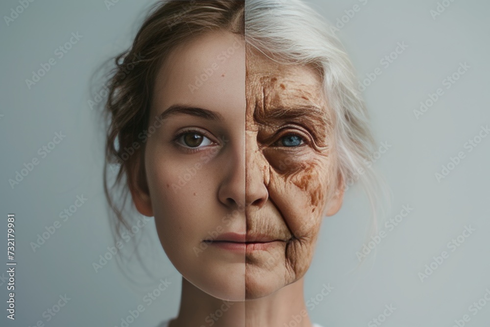 Aging acne. Comparison young to old woman sunblock. Less Wrinkles ...