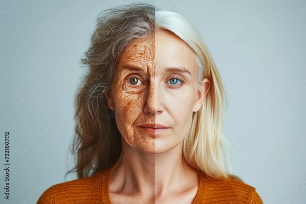 Aging keeper of traditions. Comparison young to old woman sun lotion ...