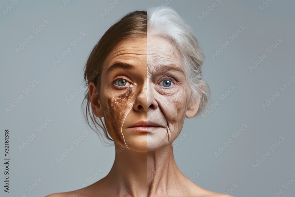 Aging dull complexion. Comparison young to old woman expression line ...