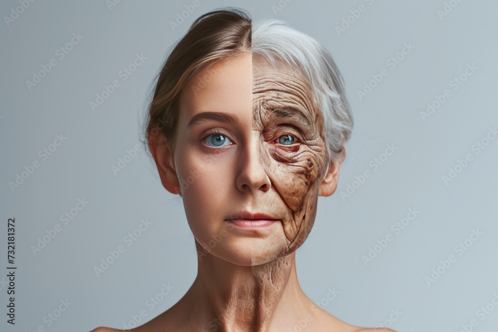 Aging inner peace. Comparison young to old woman senescent cells. Less ...