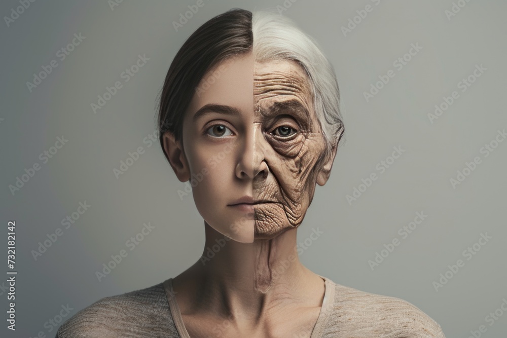 Aging enduring beauty. Comparison young to old woman continuous growth ...