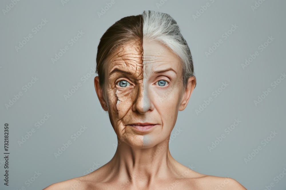 Aging non surgical facelift. Comparison young to old woman marine ...