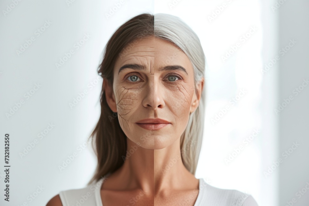 Aging time management. Comparison young to old woman regenerative ...