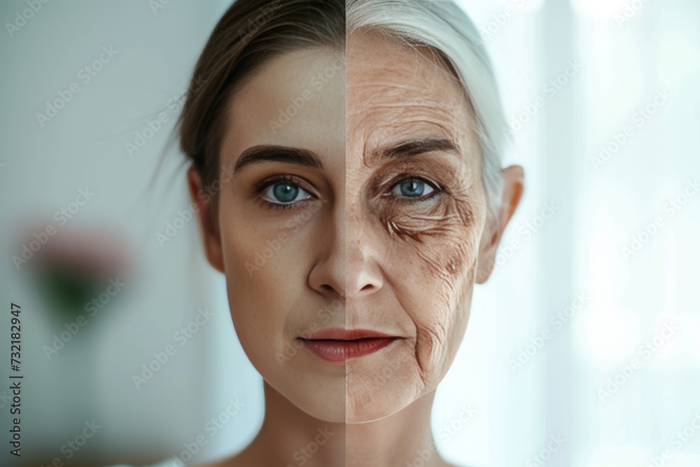 Aging decreased energy. Comparison young to old woman hair graying ...