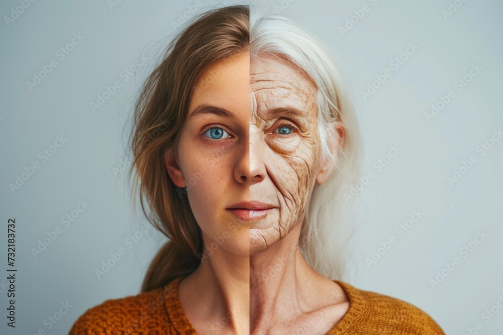 Aging aging hair. Comparison young to old woman skin regeneration. Less ... Aging aging hair. Comparison young to old woman skin regeneration. Less ...