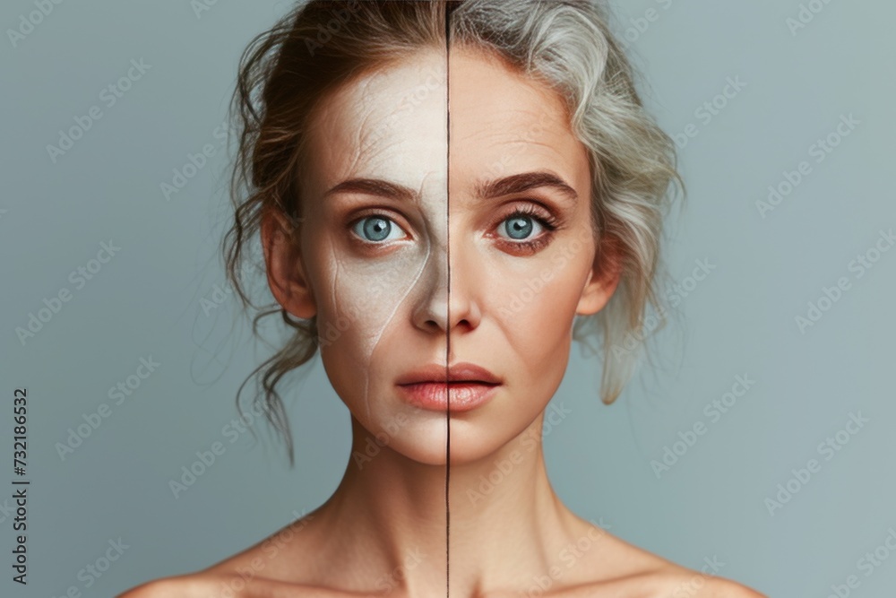 Aging facial skin. Young to old generation dull complexion. Less ...