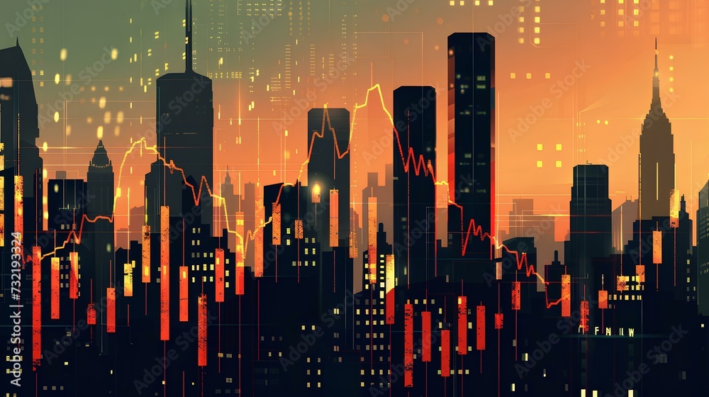 silhouette of skyscrapers with overlapping stock market graphs ...