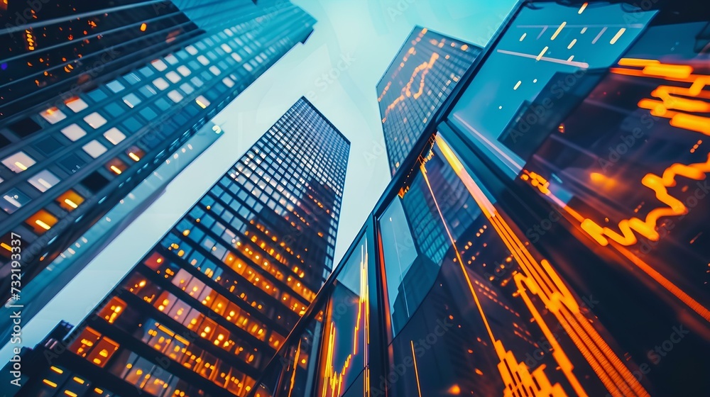 silhouette of skyscrapers with overlapping stock market graphs ...