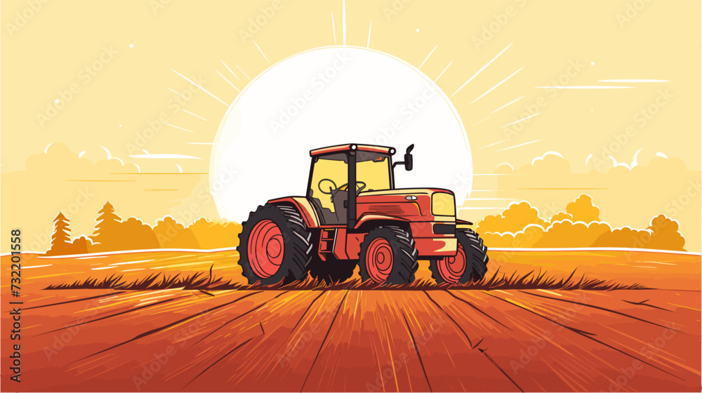 Vector graphic of a tractor plowing a field during sunrise illustrating ...