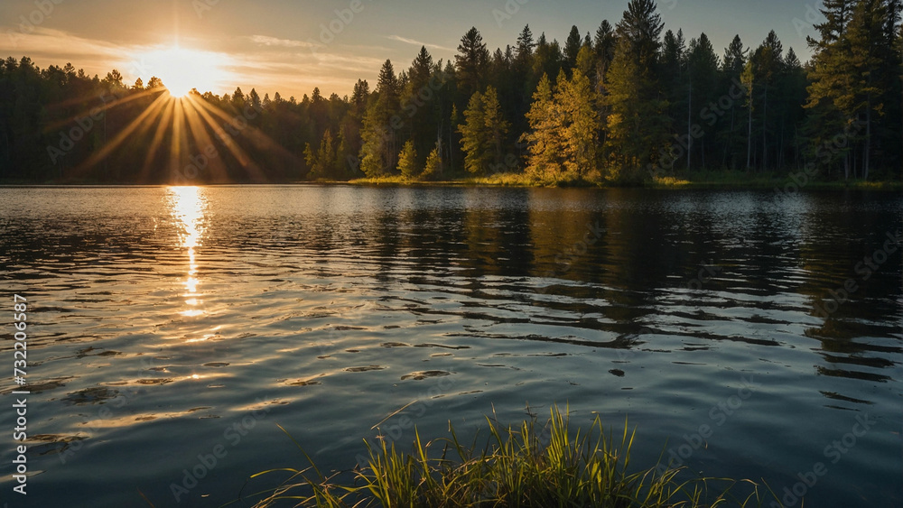 Beauty of a lakeside scene as the sun dips below the horizon with ...