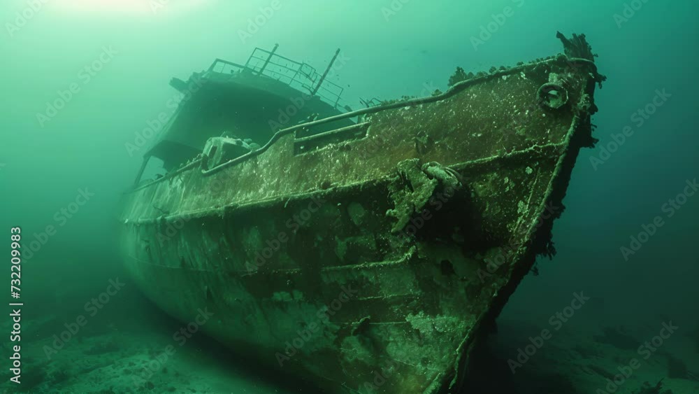 Underwater footage of a shipwreck with its rusty hull serving as a home ...