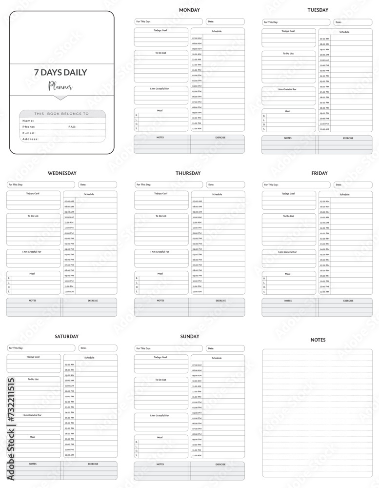 Editable 7 Days Daily Planner Kdp Interior printable template Design ...