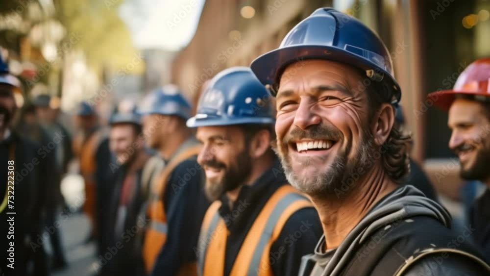 VDO 4K Construction workers, aged 35-45 years, wearing safety equipment ...