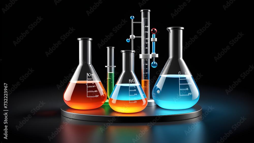 chemistry lab isolated on a black background. laboratory glassware with ...