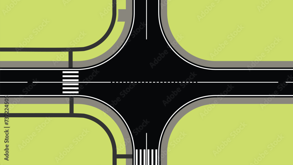 Crossroads of two roads with pedestrian paths, Empty highway asphalt ...